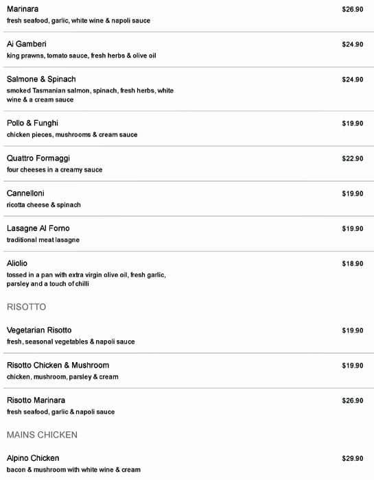 Menu at Alpino Restaurant, Melbourne