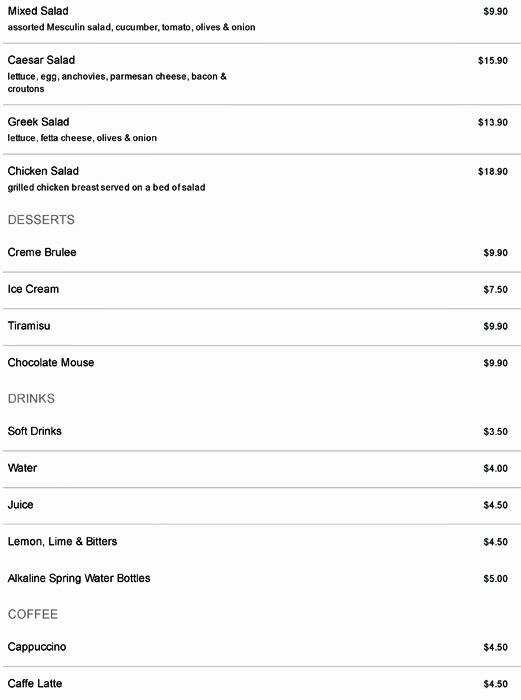 Menu at Alpino Restaurant, Melbourne