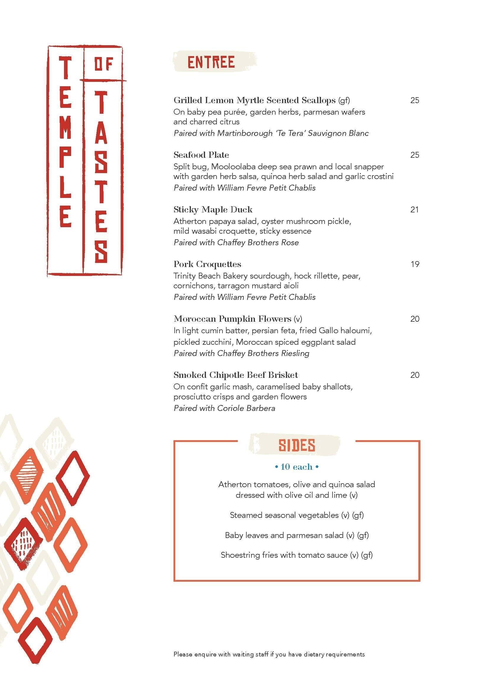 Menu at Temple of Tastes Restaurant, Palm Cove