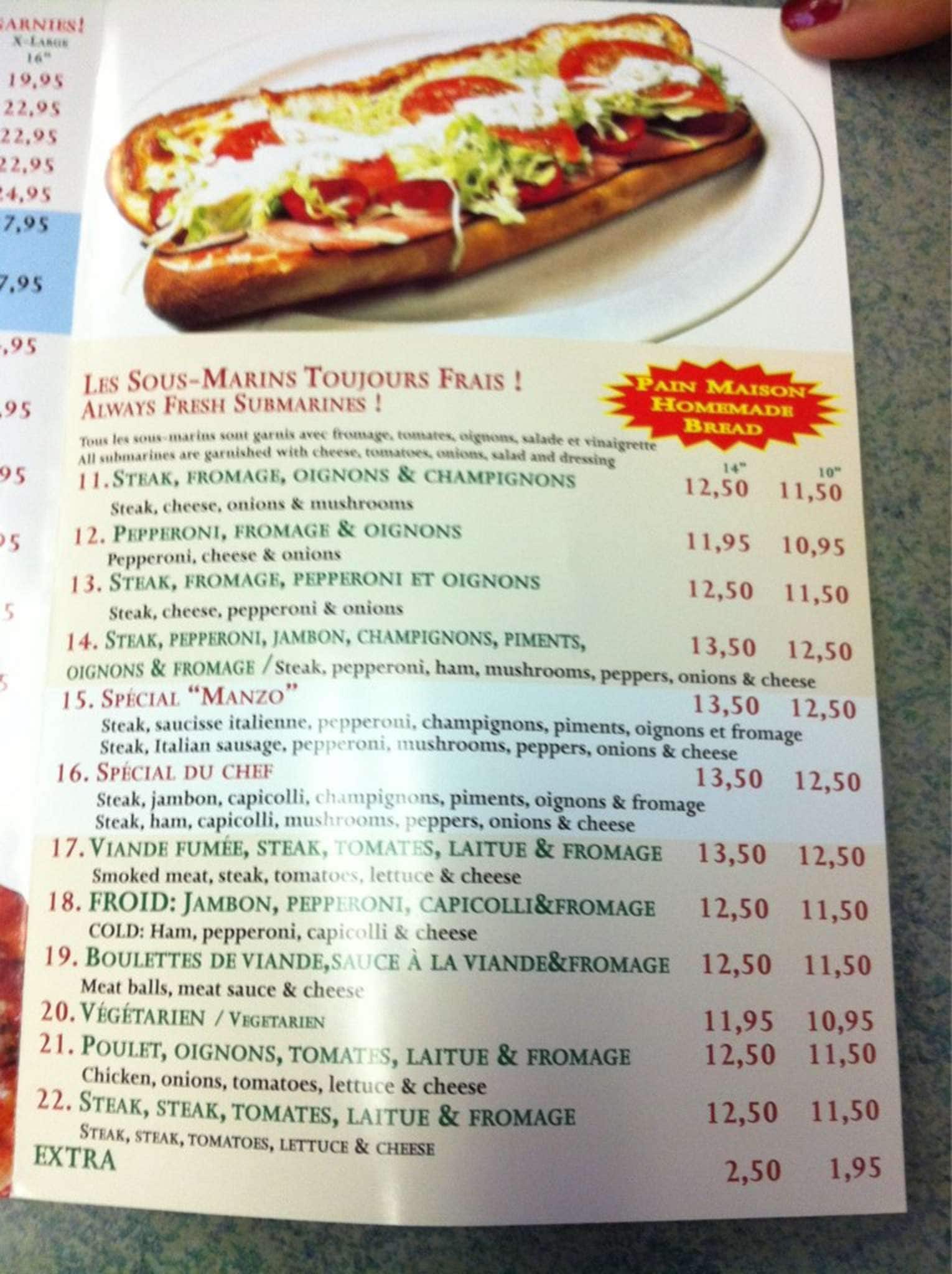 Menu au Manzo Pizzeria, Montréal