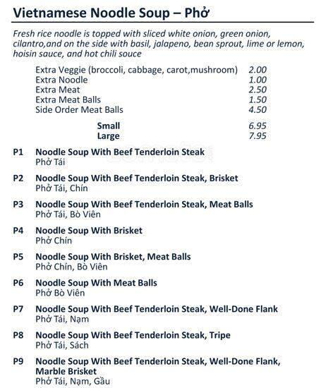 Menu at House of Pho restaurant, Covington