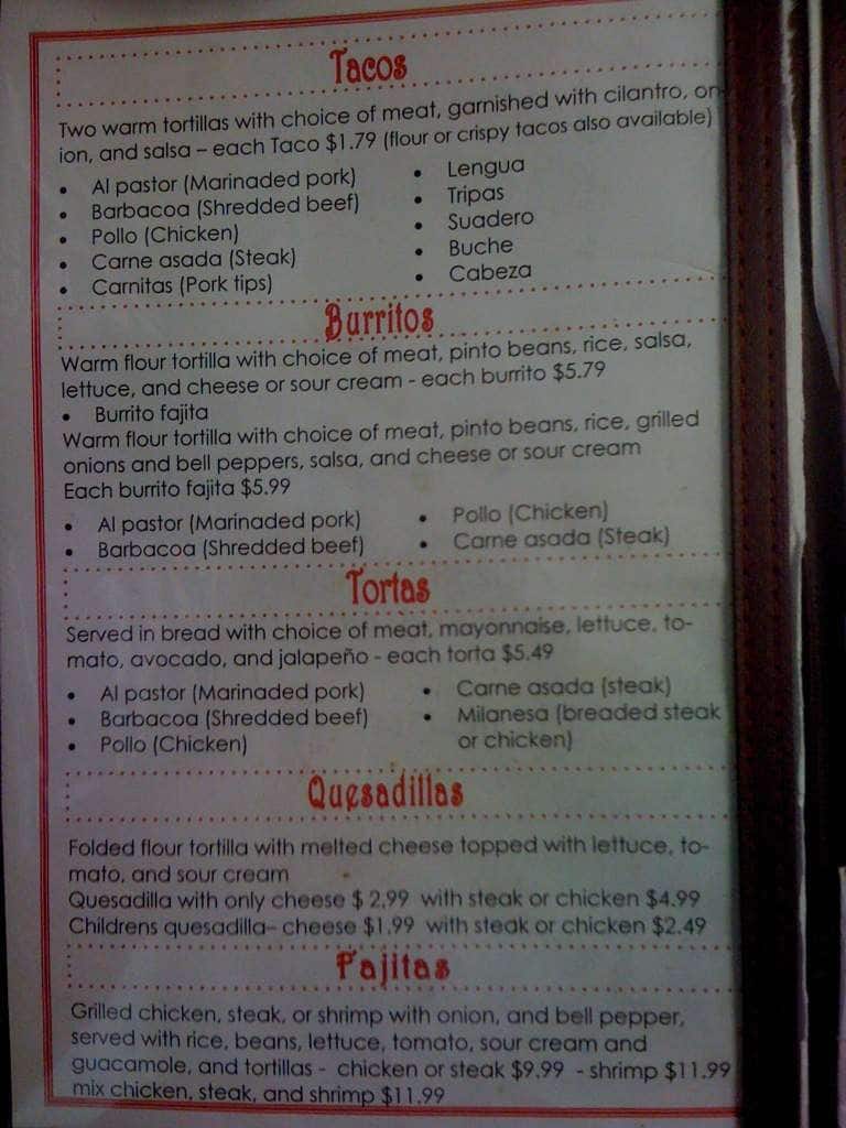 Menu at Taqueria Durango restaurant, Overland