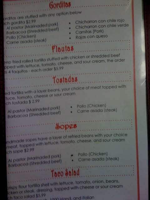 Menu at Taqueria Durango restaurant, Overland
