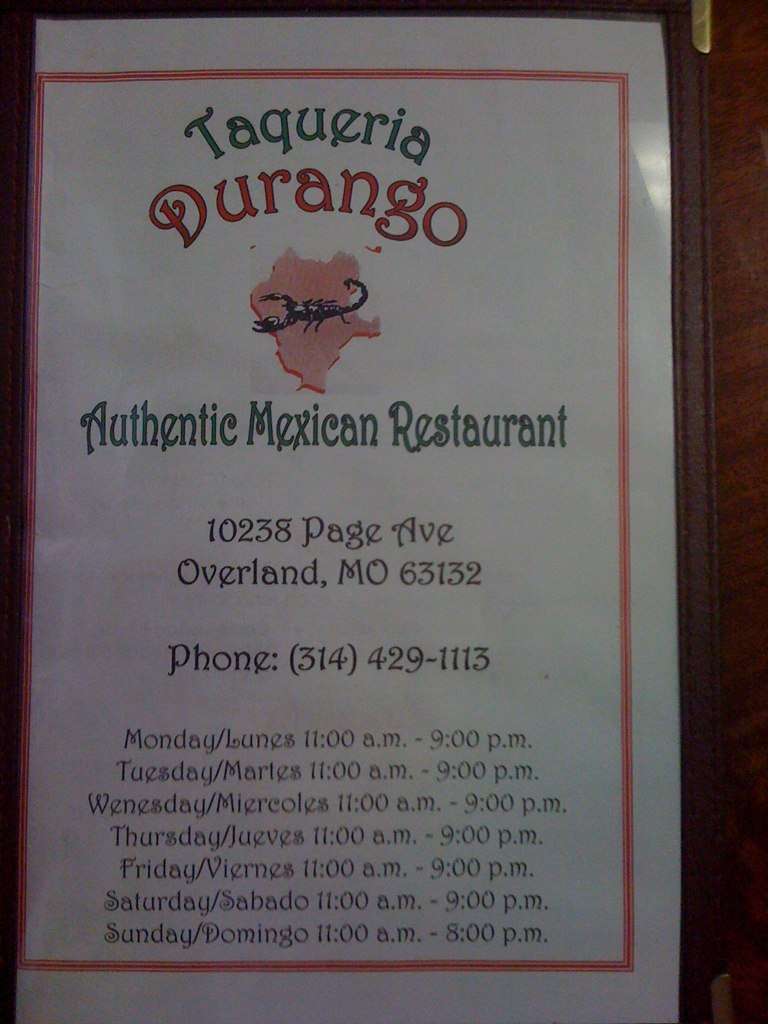 Menu at Taqueria Durango restaurant, Overland