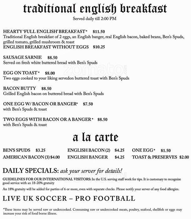 Menu at Big Ben Pub, Charlotte, South Blvd