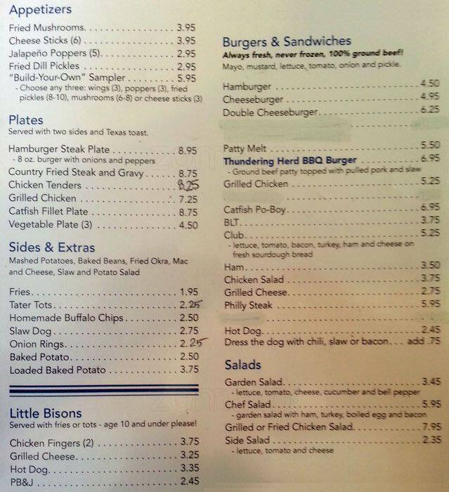 Menu at Bison's Drive In restaurant, Higdon