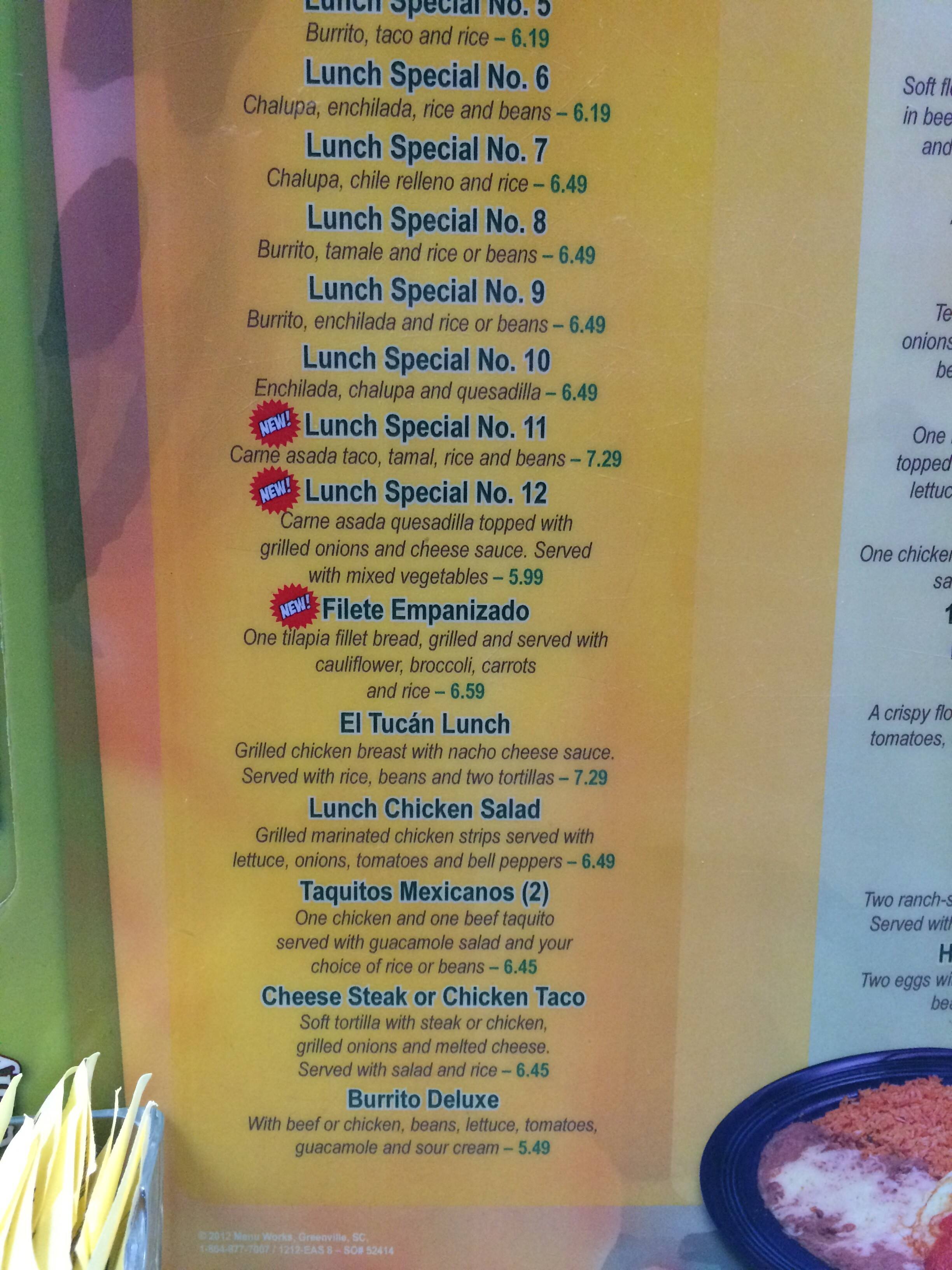 Menu at El Tucan Mexican Restaurant, Spring Lake