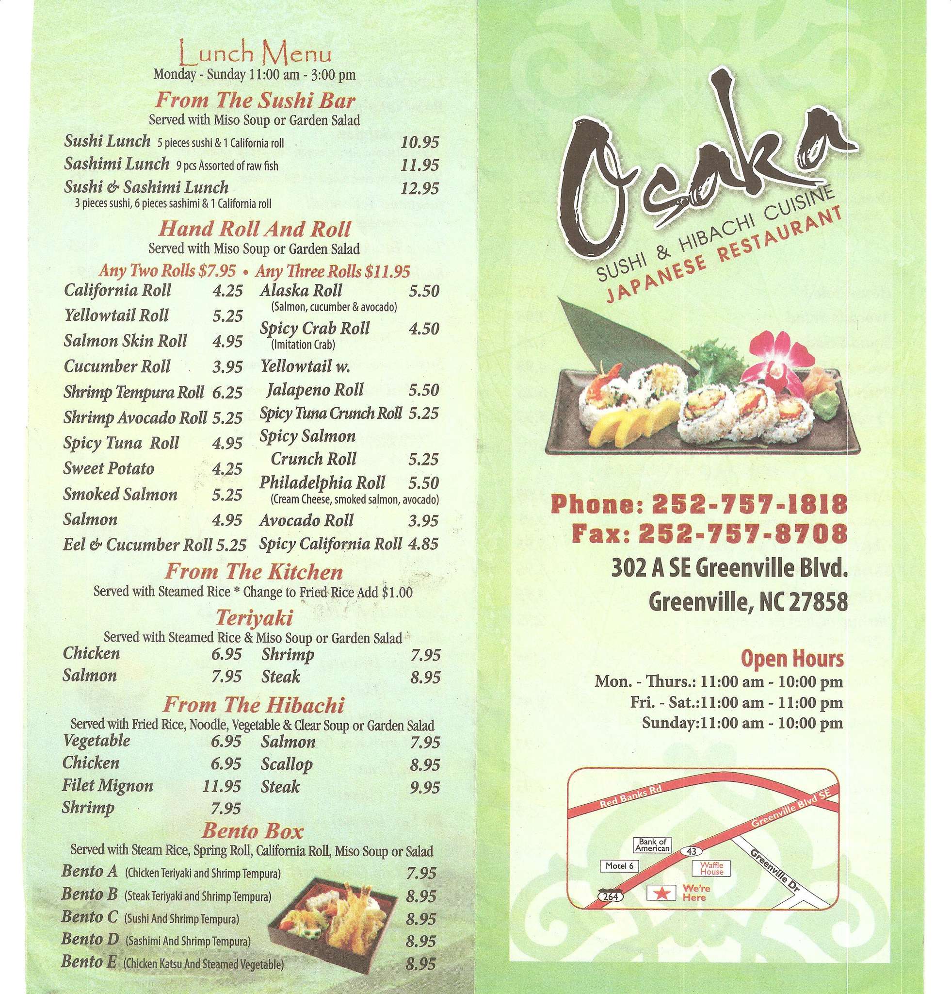 Menu at Osaka Sushi & Hibachi restaurant, Greenville