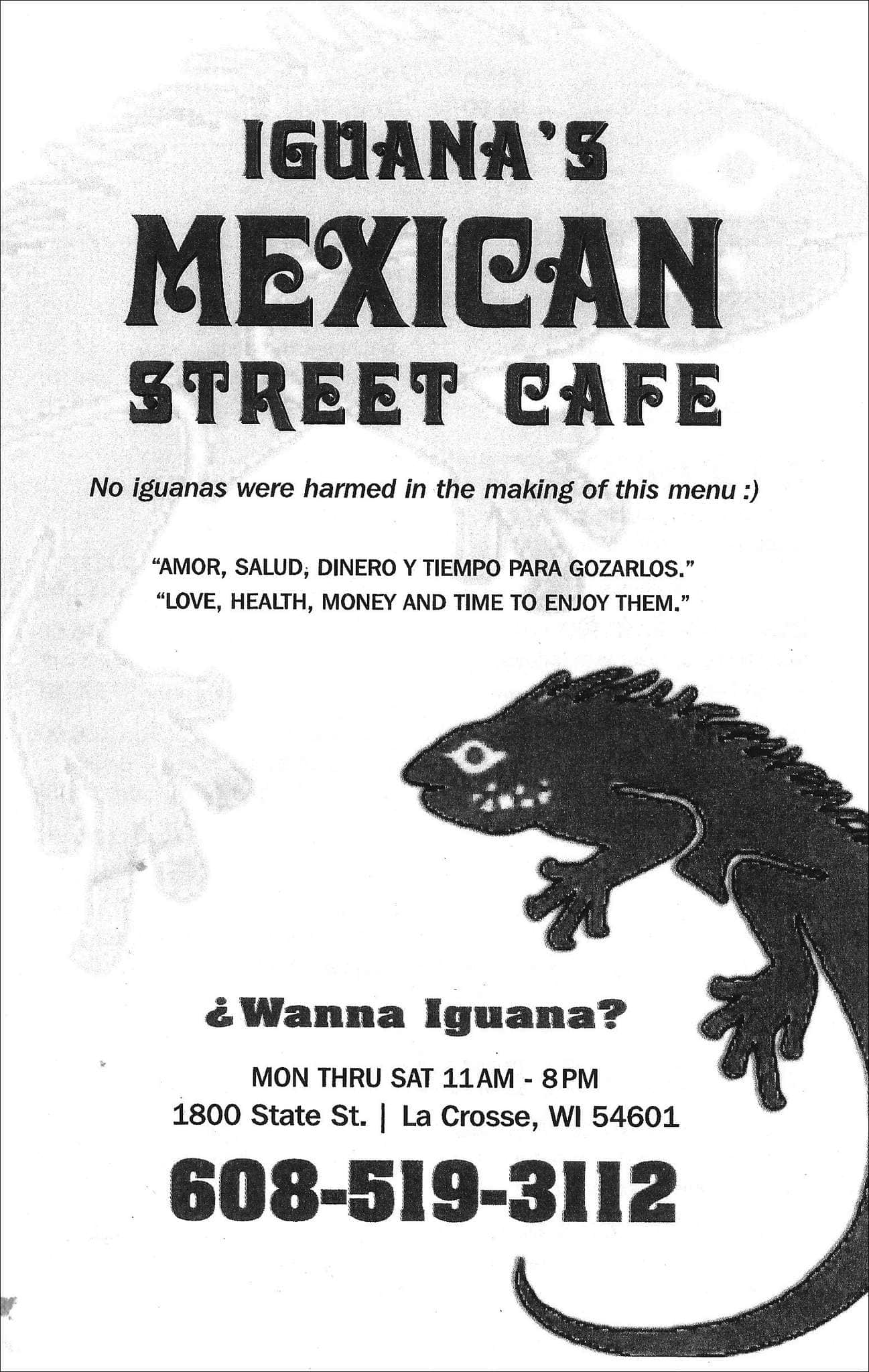 Menu at Iguana's Mexican Street Café restaurant, La Crosse