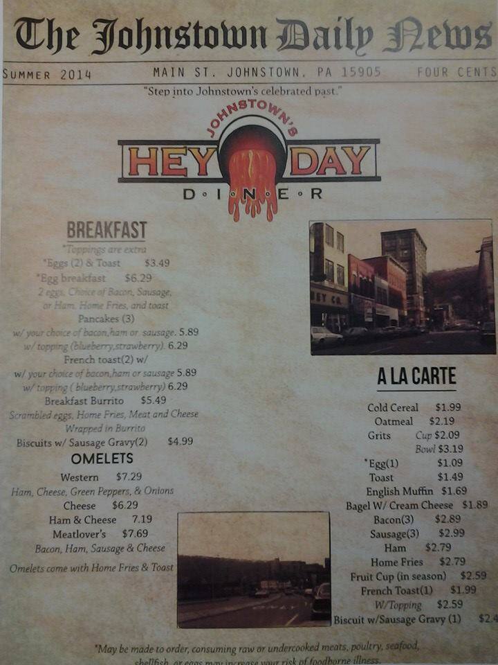 Johnstown's Hey Day Diner Menu - Urbanspoon/Zomato