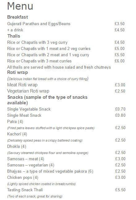 Menu at Chapati Cafe, Manchester