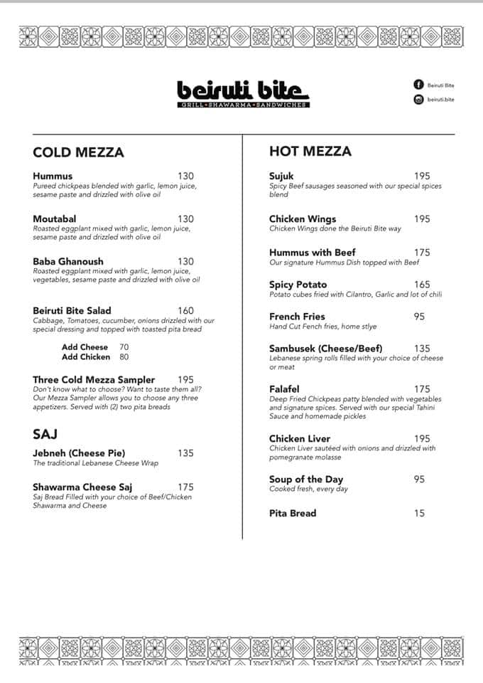 Menu at Beiruti Bite restaurant, Quezon City