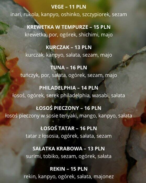 Menu at Hand & Roll Tsuru Sushi restaurant, Warsaw, Annopol 2