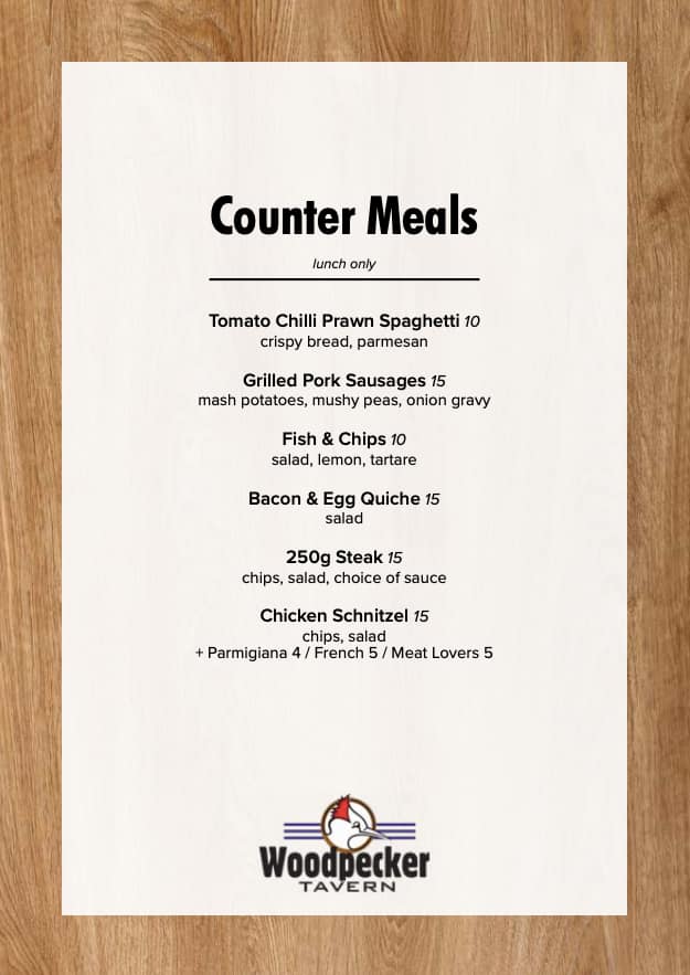Menu at Woodpecker Bar and Grill, Burpengary