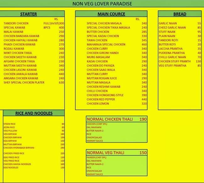 Menu of Non Veg Lover's Paradise, Indirapuram, Ghaziabad