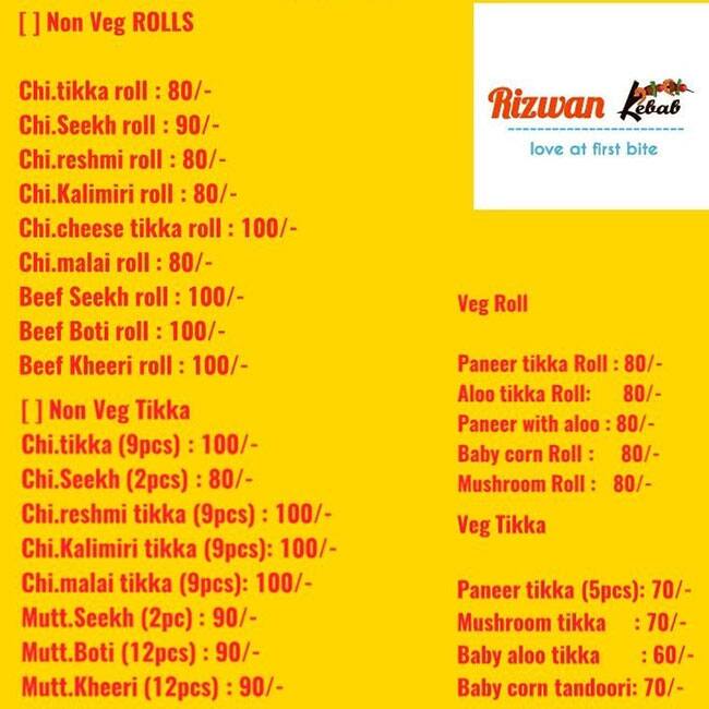 Menu at Rizwan Usman kebabs, Mumbai, Cuffe parade Maker tower arcade E