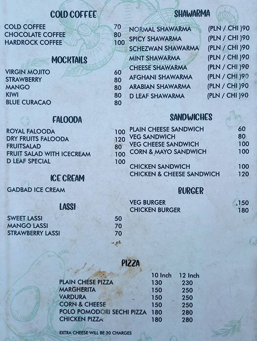 Menu of D'Leaf Food Court, Mapusa, Goa