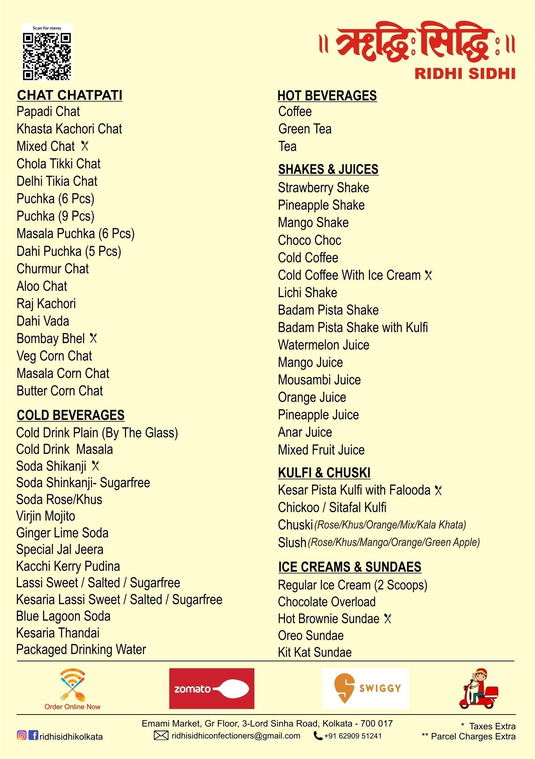 Menu of Ridhi Sidhi, Theatre Road, Kolkata