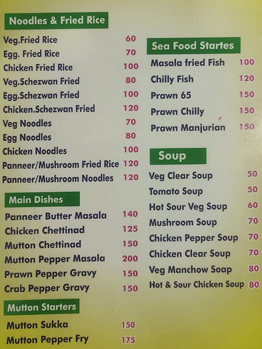 Menu of Valli Mess, Thillai Nagar, Trichy
