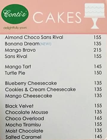 Menu at Conti's restaurant, Pasig, G/F Corte Area