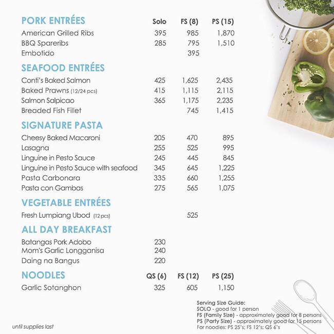 Menu at Conti's restaurant, Pasig, G/F Corte Area