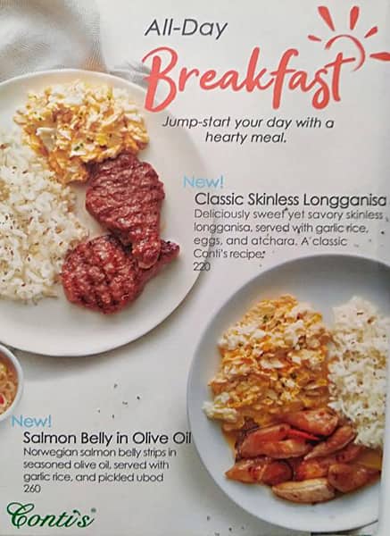Menu at Conti's restaurant, Muntinlupa