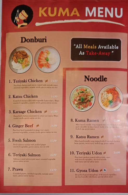 Menu at Sushi Kuma restaurant, Hamilton