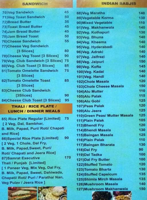 Menu at Samrat Hotel, Pune, Jawaharlal Nehru Rd