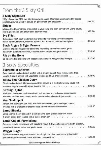 Menu at 3 Sixty Restaurant Bar The Grand Hotel, Labrador