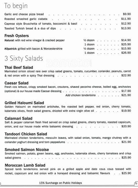 Menu at 360 Restaurant Bar, the Grand Hotel, Gold Coast