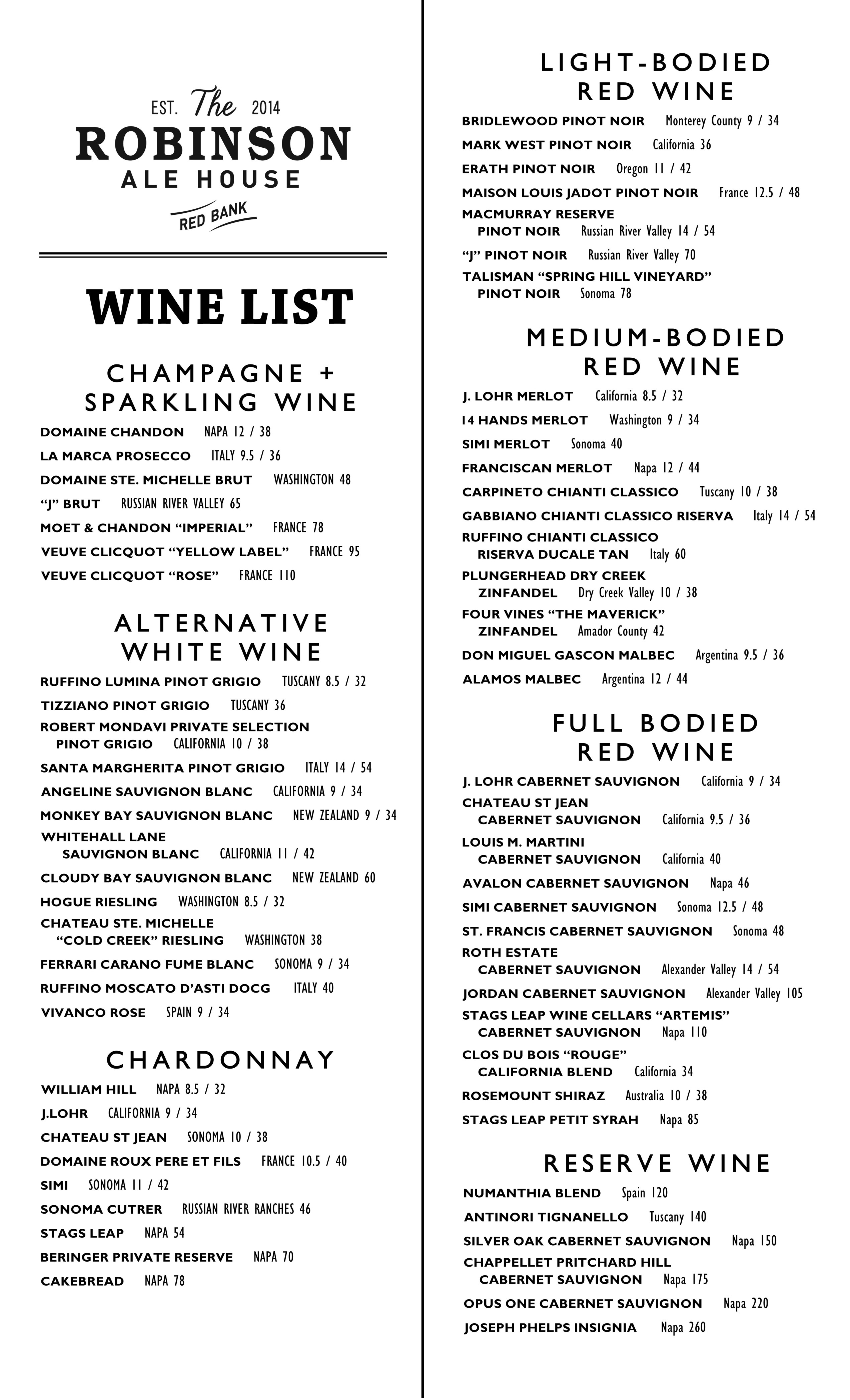 Menu at The Robinson Ale House pub & bar, Red Bank