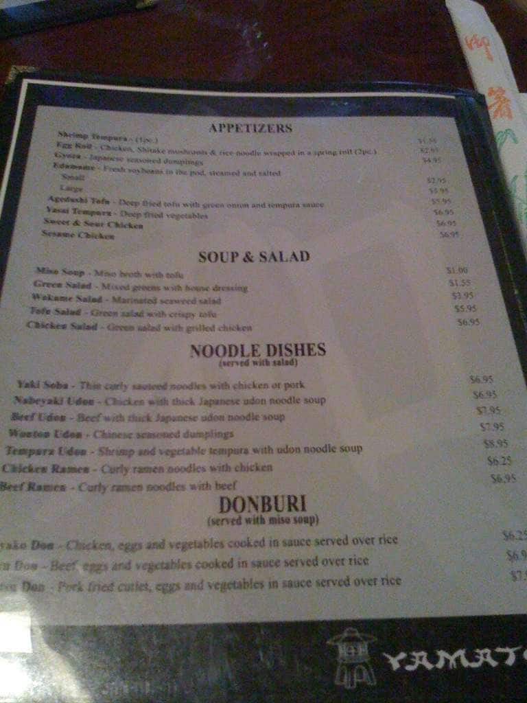 Menu at Yamato Japanese Restaurant, Orem
