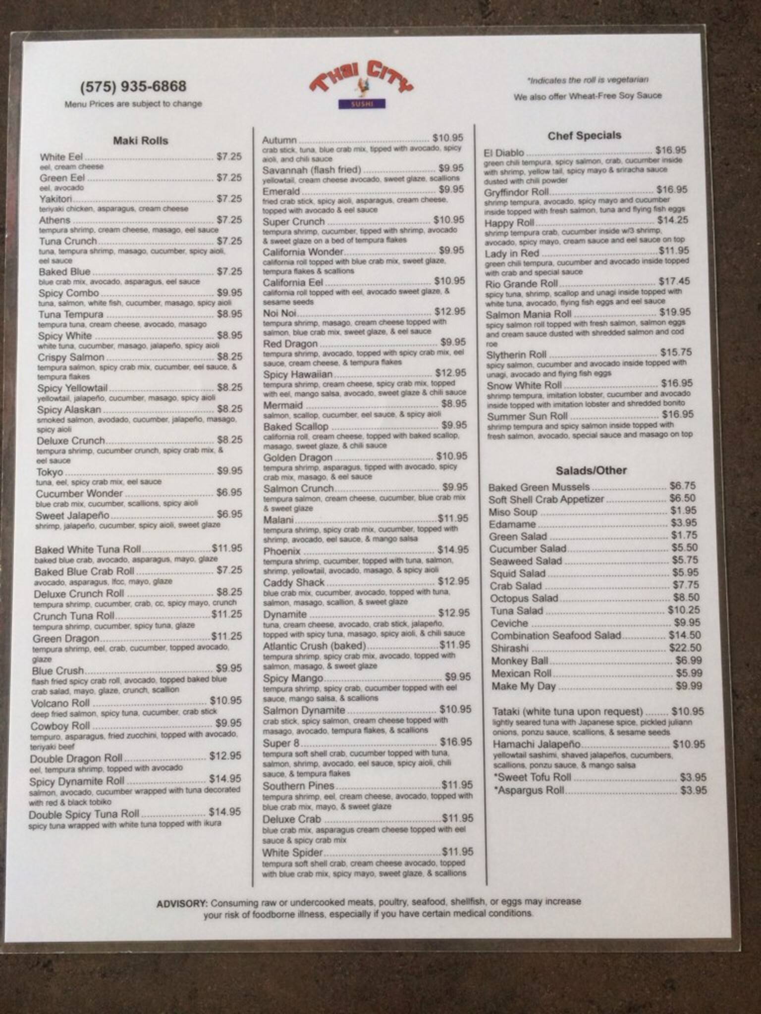 Menu at Thai City restaurant, Clovis