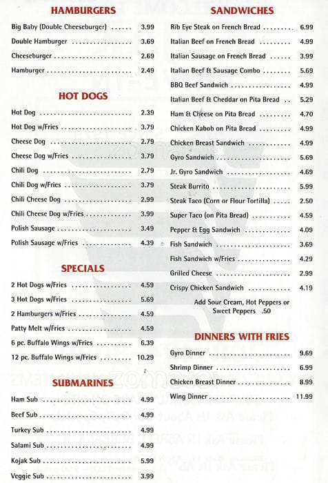 Menu at Kojak Drive-In Inc restaurant, Burbank