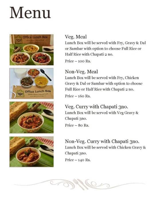 Menu of Office Lunch Box, Whitefield, Bangalore