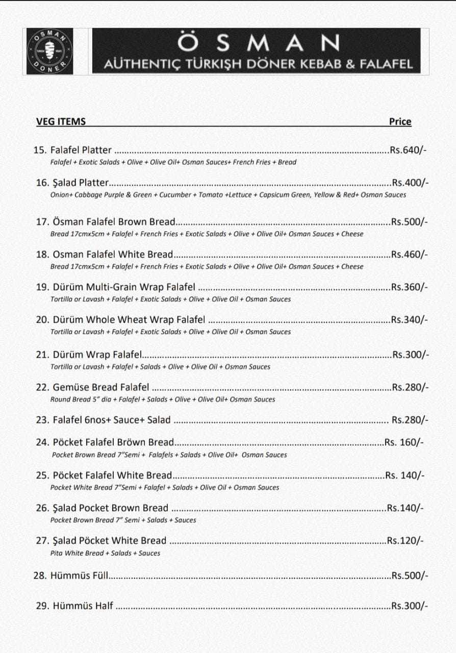 Menu at OSMAN AUTHENTIC TURKISH DONER KEBAB & FALAFEL, Mumbai