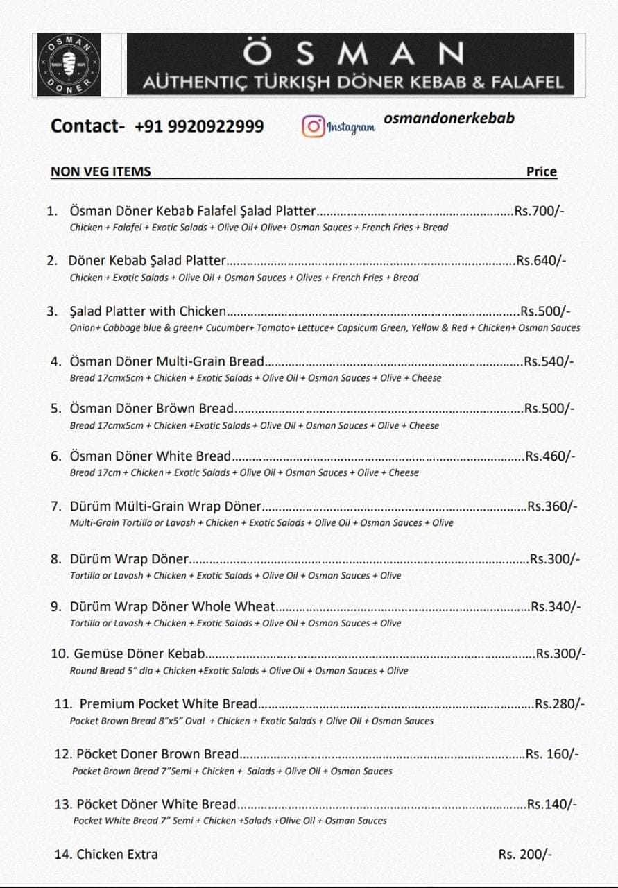 Menu at OSMAN AUTHENTIC TURKISH DONER KEBAB & FALAFEL, Mumbai