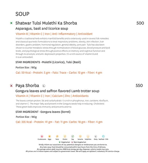 Menu of Falak, Jakkur, Bangalore