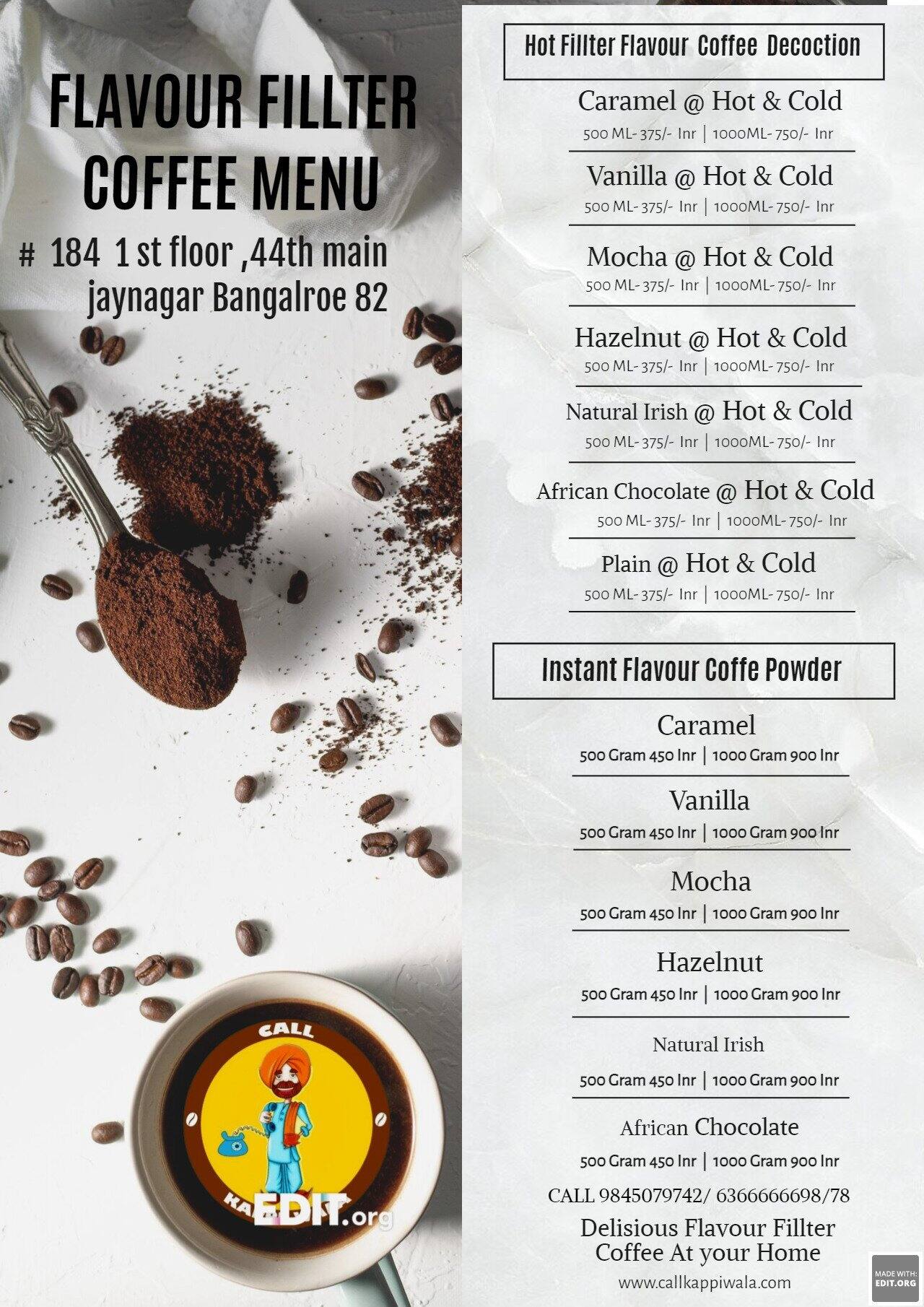 Menu of Call Kappi Wala, Kumaraswamy Layout, Bangalore