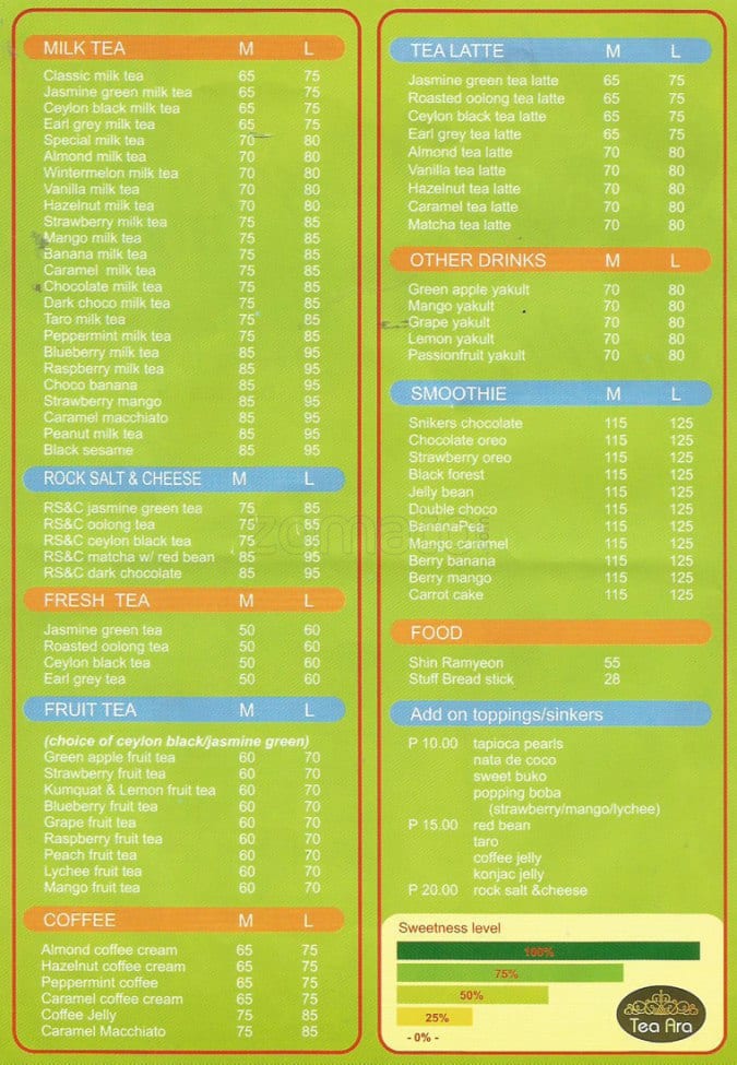 Menu at Tea Ara cafe, Manila