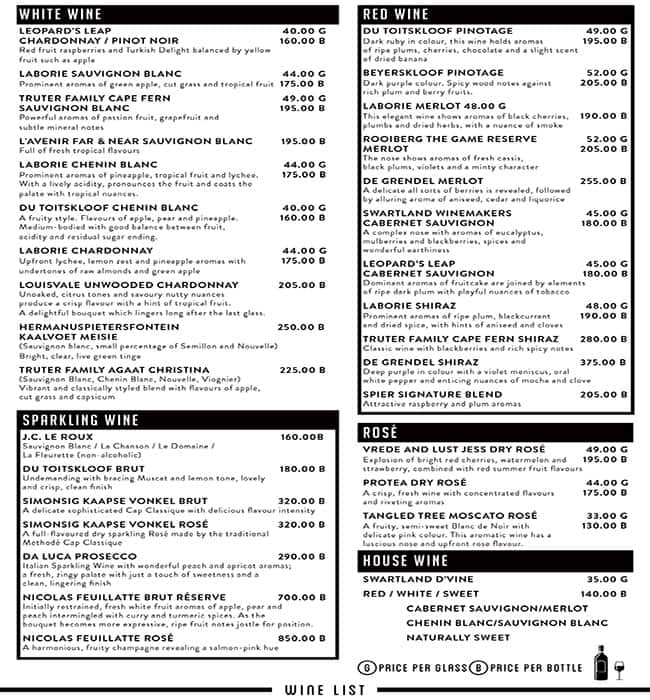Menu at Zeppelin Brewery & Bunker Bar, Pretoria