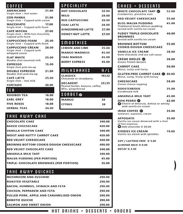 Menu at Zeppelin Brewery & Bunker Bar, Pretoria