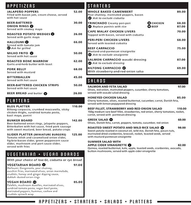 Menu at Zeppelin Brewery & Bunker Bar, Pretoria