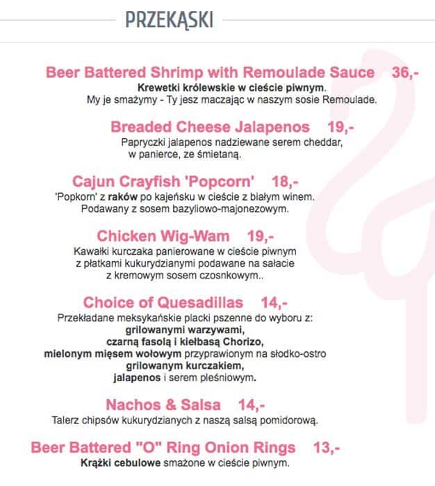 Menu at Pink Flamingo pub & bar, Warsaw