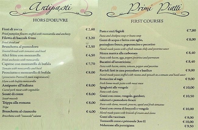 Carta del restaurante Hostaria da Enzo Roma, Roma
