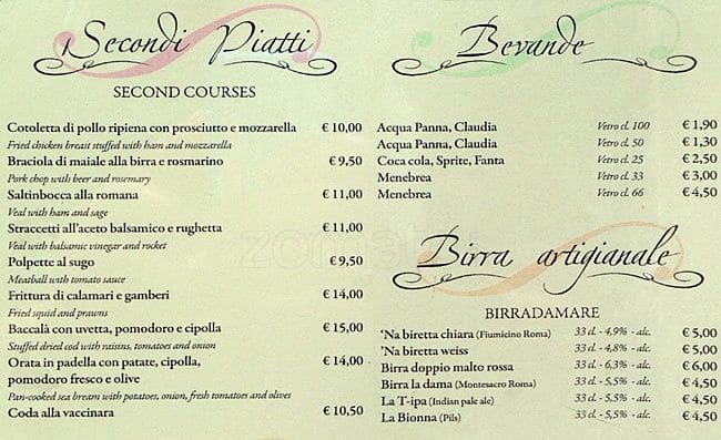 Menu at Hostaria da Enzo Roma restaurant, Rome