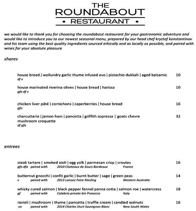 Menu at The Roundabout Restaurant, Wagga Wagga