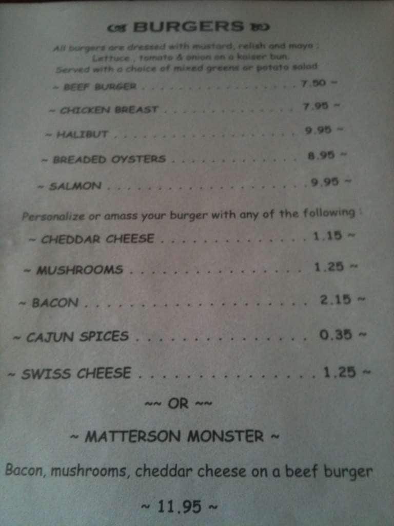Menu at Matterson House restaurant, Ucluelet