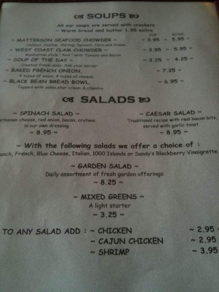Menu at Matterson House restaurant, Ucluelet