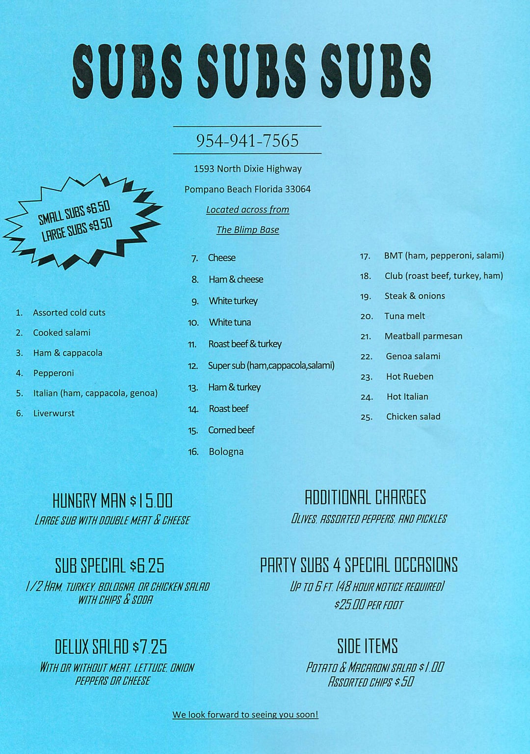 Menu at Subs Subs Subs, Pompano Beach